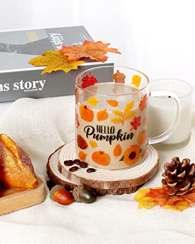 Nefelibata Fall Pumpkin Glass Mug 15 Oz Clear Cup With Handle, Large Espresso Iced Coffee Cup Hot Beverage Cappuccino Tea Drinking Glassware Autumn Decor for Coffee Bar Halloween Thanksgiving Gift