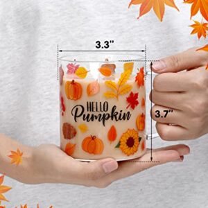 Nefelibata Fall Pumpkin Glass Mug 15 Oz Clear Cup With Handle, Large Espresso Iced Coffee Cup Hot Beverage Cappuccino Tea Drinking Glassware Autumn Decor for Coffee Bar Halloween Thanksgiving Gift