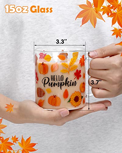 Nefelibata Fall Pumpkin Glass Mug 15 Oz Clear Cup With Handle, Large Espresso Iced Coffee Cup Hot Beverage Cappuccino Tea Drinking Glassware Autumn Decor for Coffee Bar Halloween Thanksgiving Gift