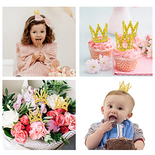 16 PCS Mini Crown Cake Topper Princess Tiara Crown Cupcake Toppers Queen Rhinestone Headpiece for Royal Theme Wedding Baby Shower Bridal Shower Birthday Party Cake Decor(Gold)