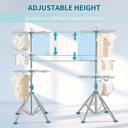 JAUREE Clothes Drying Rack Folding Indoor, Foldable Towel Drying Rack, Portable Drying Rack Clothing and Height-Adjustable, Space Saving Laundry Drying Rack, with 20 Clips