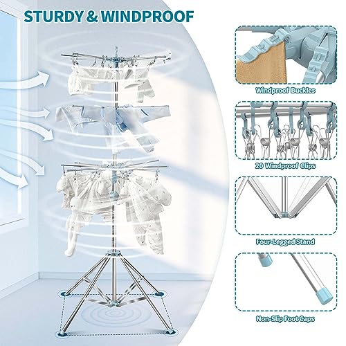 JAUREE Clothes Drying Rack Folding Indoor, Foldable Towel Drying Rack, Portable Drying Rack Clothing and Height-Adjustable, Space Saving Laundry Drying Rack, with 20 Clips