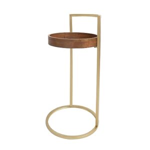 RiteSune Small Gold Round C Table with Handle, 28'' Tall Side Table Slide Under Couch with Brown Wood Top for Coffee and Snack Drink Tray