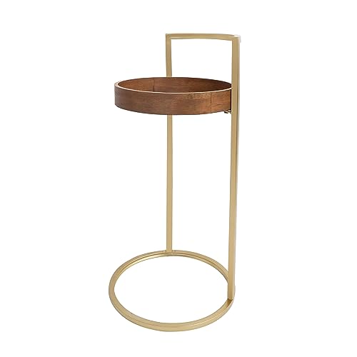 RiteSune Small Gold Round C Table with Handle, 28'' Tall Side Table Slide Under Couch with Brown Wood Top for Coffee and Snack Drink Tray