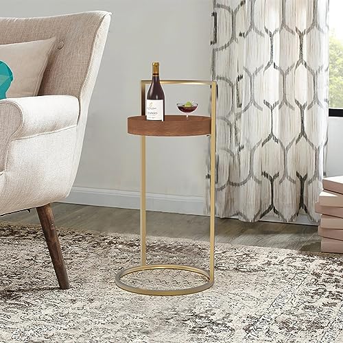 RiteSune Small Gold Round C Table with Handle, 28'' Tall Side Table Slide Under Couch with Brown Wood Top for Coffee and Snack Drink Tray