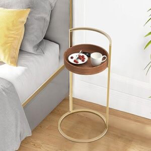 RiteSune Small Gold Round C Table with Handle, 28'' Tall Side Table Slide Under Couch with Brown Wood Top for Coffee and Snack Drink Tray