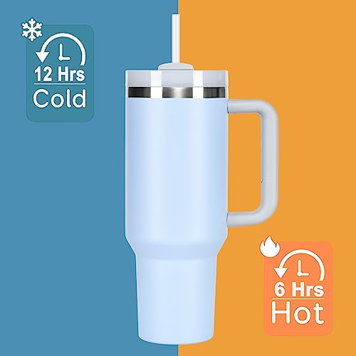 40oz Tumbler with Handle, Straw, Lid, Stainless Steel Vacuum Insulated Water Bottle Adventure Travel Mug Quencher for Iced Coffee, Hot or Cold Tea and Beverage, Sky Blue