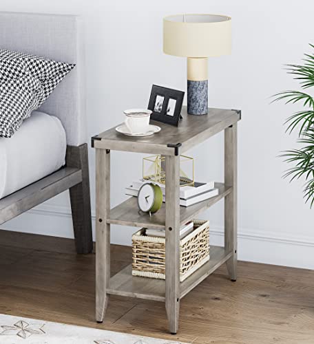 IDEALHOUSE Farmhouse End Table Rustic Side Table with Storage Shelf for Small Spaces Grey Bedside Table Narrow Nightstand for Living Room, Bedroom (Grey, 1PC)