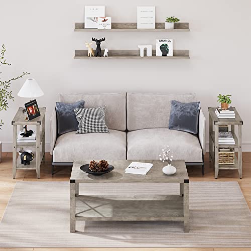 IDEALHOUSE Farmhouse End Table Rustic Side Table with Storage Shelf for Small Spaces Grey Bedside Table Narrow Nightstand for Living Room, Bedroom (Grey, 1PC)