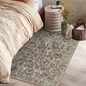 Lahome Entryway Rugs Indoor Small 3x5 Area Rug, Bathroom Rugs Non Slip Washable, Geometric Tribal Non Skid Throw Rugs with Rubber Backing for Bedroom Kitchen Living Room Front Door, Antique/Moss