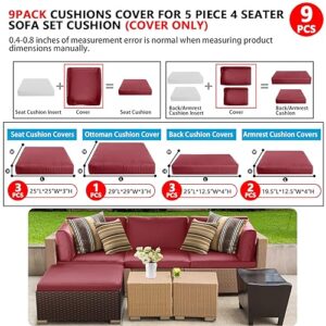 SUSIE'S GARDEN 9p Patio Cushion Covers Outdoor Patio Cushions Covers Replacement Waterproof with Zipper for 5 Pcs Patio Furniture Set, Slipcovers for Outdoor Cushions Red, Covers Only