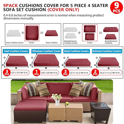 SUSIE'S GARDEN 9p Patio Cushion Covers Outdoor Patio Cushions Covers Replacement Waterproof with Zipper for 5 Pcs Patio Furniture Set, Slipcovers for Outdoor Cushions Red, Covers Only