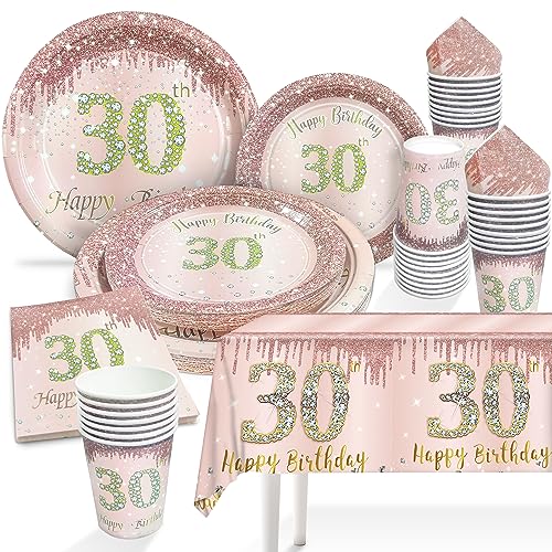 algpty 30th Birthday Decorations Plates Set Rose Gold | Service for 20 | 30th Birthday Party Supplies Rose Gold with Plates, Cups, Napkins, Tablecloth | 30th Birthday Supplies Tableware for Women