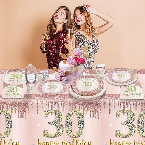 algpty 30th Birthday Decorations Plates Set Rose Gold | Service for 20 | 30th Birthday Party Supplies Rose Gold with Plates, Cups, Napkins, Tablecloth | 30th Birthday Supplies Tableware for Women