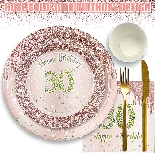 algpty 30th Birthday Decorations Plates Set Rose Gold | Service for 20 | 30th Birthday Party Supplies Rose Gold with Plates, Cups, Napkins, Tablecloth | 30th Birthday Supplies Tableware for Women