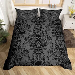 adults black damask bedding set antique victorian baroque duvet cover king size gothic vintage floral comforter cover exotic sugar skull quilt cover king,gothic bone skeleton bohemian decor,grey