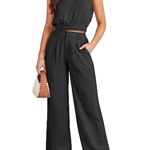 ANRABESS Two Piece Outfits for Women Cruise Resort Wear 2023 Sexy Summer Vacation Sleeveless Linen Crop Top Casual Matching Lounge Sets Comfy Tracksuits Long Pants Jumpsuits Cute Clothes A1102heise-M