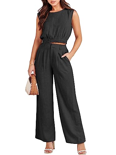 ANRABESS Two Piece Outfits for Women Cruise Resort Wear 2023 Sexy Summer Vacation Sleeveless Linen Crop Top Casual Matching Lounge Sets Comfy Tracksuits Long Pants Jumpsuits Cute Clothes A1102heise-M