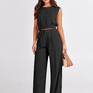 ANRABESS Two Piece Outfits for Women Cruise Resort Wear 2023 Sexy Summer Vacation Sleeveless Linen Crop Top Casual Matching Lounge Sets Comfy Tracksuits Long Pants Jumpsuits Cute Clothes A1102heise-M