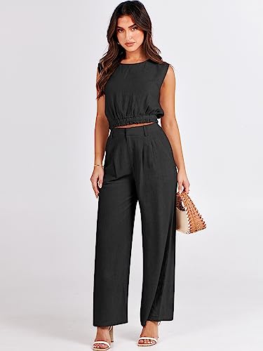 ANRABESS Two Piece Outfits for Women Cruise Resort Wear 2023 Sexy Summer Vacation Sleeveless Linen Crop Top Casual Matching Lounge Sets Comfy Tracksuits Long Pants Jumpsuits Cute Clothes A1102heise-M