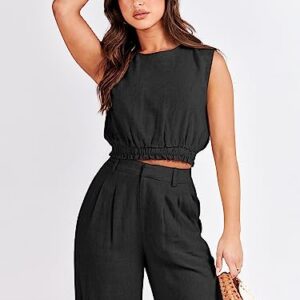 ANRABESS Two Piece Outfits for Women Cruise Resort Wear 2023 Sexy Summer Vacation Sleeveless Linen Crop Top Casual Matching Lounge Sets Comfy Tracksuits Long Pants Jumpsuits Cute Clothes A1102heise-M