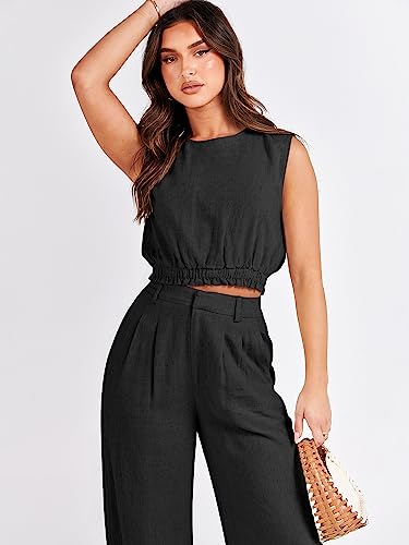 ANRABESS Two Piece Outfits for Women Cruise Resort Wear 2023 Sexy Summer Vacation Sleeveless Linen Crop Top Casual Matching Lounge Sets Comfy Tracksuits Long Pants Jumpsuits Cute Clothes A1102heise-M