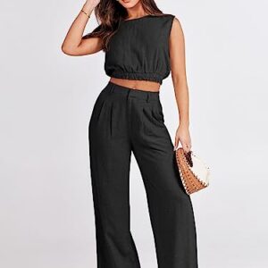 ANRABESS Two Piece Outfits for Women Cruise Resort Wear 2023 Sexy Summer Vacation Sleeveless Linen Crop Top Casual Matching Lounge Sets Comfy Tracksuits Long Pants Jumpsuits Cute Clothes A1102heise-M