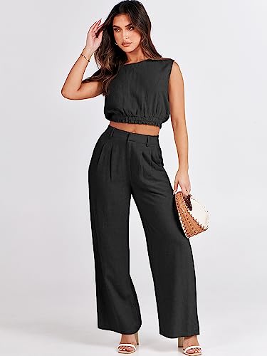 ANRABESS Two Piece Outfits for Women Cruise Resort Wear 2023 Sexy Summer Vacation Sleeveless Linen Crop Top Casual Matching Lounge Sets Comfy Tracksuits Long Pants Jumpsuits Cute Clothes A1102heise-M