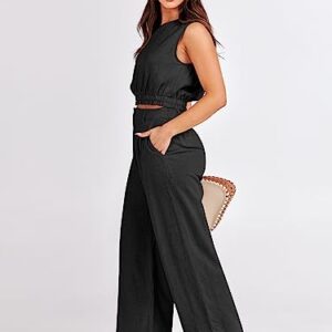 ANRABESS Two Piece Outfits for Women Cruise Resort Wear 2023 Sexy Summer Vacation Sleeveless Linen Crop Top Casual Matching Lounge Sets Comfy Tracksuits Long Pants Jumpsuits Cute Clothes A1102heise-M