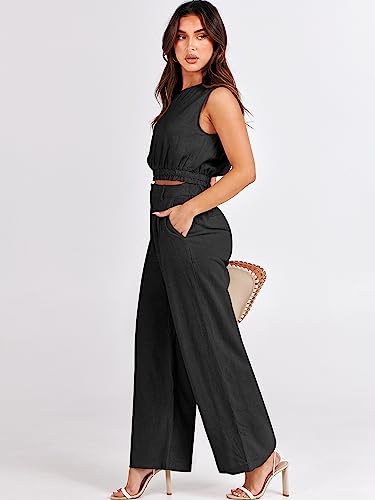 ANRABESS Two Piece Outfits for Women Cruise Resort Wear 2023 Sexy Summer Vacation Sleeveless Linen Crop Top Casual Matching Lounge Sets Comfy Tracksuits Long Pants Jumpsuits Cute Clothes A1102heise-M