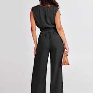 ANRABESS Two Piece Outfits for Women Cruise Resort Wear 2023 Sexy Summer Vacation Sleeveless Linen Crop Top Casual Matching Lounge Sets Comfy Tracksuits Long Pants Jumpsuits Cute Clothes A1102heise-M