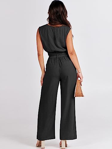 ANRABESS Two Piece Outfits for Women Cruise Resort Wear 2023 Sexy Summer Vacation Sleeveless Linen Crop Top Casual Matching Lounge Sets Comfy Tracksuits Long Pants Jumpsuits Cute Clothes A1102heise-M