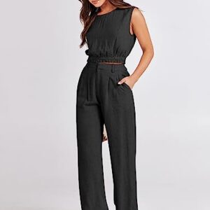 ANRABESS Two Piece Outfits for Women Cruise Resort Wear 2023 Sexy Summer Vacation Sleeveless Linen Crop Top Casual Matching Lounge Sets Comfy Tracksuits Long Pants Jumpsuits Cute Clothes A1102heise-M