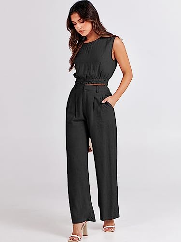 ANRABESS Two Piece Outfits for Women Cruise Resort Wear 2023 Sexy Summer Vacation Sleeveless Linen Crop Top Casual Matching Lounge Sets Comfy Tracksuits Long Pants Jumpsuits Cute Clothes A1102heise-M