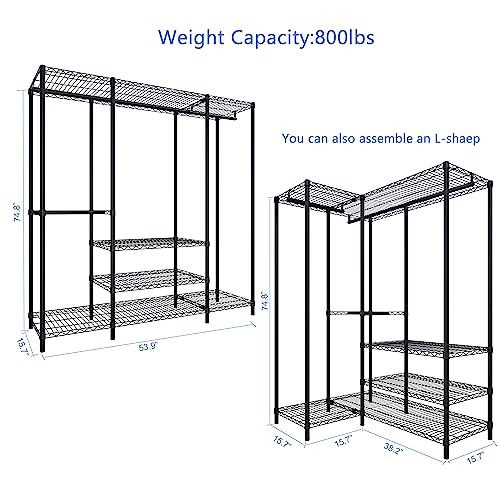 Serxis Heavy Duty Clothes Rack for Hanging Clothes,Metal Garment Rack,Freestanding Clothing Rack,Adjustable Custom Closet Rack,55" L x 15.7" W x 75.4" H, Max Load 800LBS,Black,