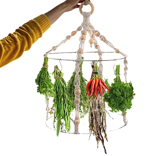 NULYUNZE Boho Herb Drying Rack, Hanging Herb Dryer Rack, Herb Drying Rack with 15 Hooks, Boho Handcrafted Macrame Mobile Hanging Drying Rack for Vanilla Herbaceous Plant