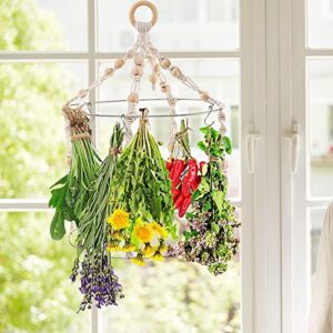 NULYUNZE Boho Herb Drying Rack, Hanging Herb Dryer Rack, Herb Drying Rack with 15 Hooks, Boho Handcrafted Macrame Mobile Hanging Drying Rack for Vanilla Herbaceous Plant