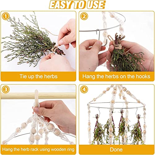 NULYUNZE Boho Herb Drying Rack, Hanging Herb Dryer Rack, Herb Drying Rack with 15 Hooks, Boho Handcrafted Macrame Mobile Hanging Drying Rack for Vanilla Herbaceous Plant