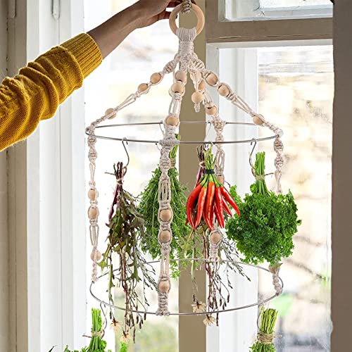 NULYUNZE Boho Herb Drying Rack, Hanging Herb Dryer Rack, Herb Drying Rack with 15 Hooks, Boho Handcrafted Macrame Mobile Hanging Drying Rack for Vanilla Herbaceous Plant