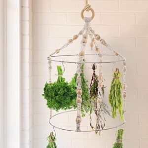 NULYUNZE Boho Herb Drying Rack, Hanging Herb Dryer Rack, Herb Drying Rack with 15 Hooks, Boho Handcrafted Macrame Mobile Hanging Drying Rack for Vanilla Herbaceous Plant