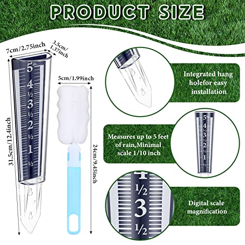 Kanayu 4 Pcs 5 Inch Capacity Outdoor Rain Gauge with Tube Brush Easy to Read Magnifying Scale and Numbers Digital Rain Gauge Plastic Blue Rain Measure Gauge for Garden Yard Field