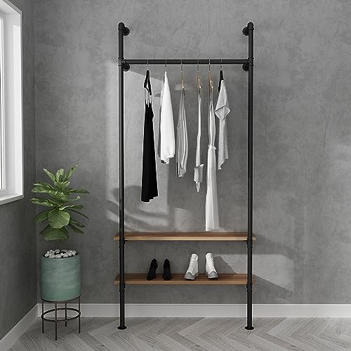 LANJIN Industrial Pipe Clothing Rack,Clothes Rack for Wardrobe, Bedroom and As Walk-in Closet System.Sturdy Clothing Racks for Hanging Clothes,Wall Mounted Heavy Duty Clothes Rack,Black B