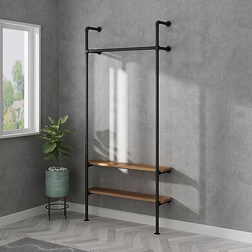 LANJIN Industrial Pipe Clothing Rack,Clothes Rack for Wardrobe, Bedroom and As Walk-in Closet System.Sturdy Clothing Racks for Hanging Clothes,Wall Mounted Heavy Duty Clothes Rack,Black B