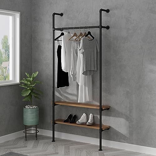 LANJIN Industrial Pipe Clothing Rack,Clothes Rack for Wardrobe, Bedroom and As Walk-in Closet System.Sturdy Clothing Racks for Hanging Clothes,Wall Mounted Heavy Duty Clothes Rack,Black B