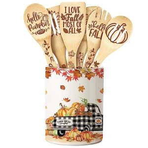 pinata fall kitchen decor, kitchen utensil holder for countertop, truck pumpkin kitchen cooking utensils set with holder, kitchen utensil organizer with bamboo utensils(5.12" x 5.12" x 6.3")