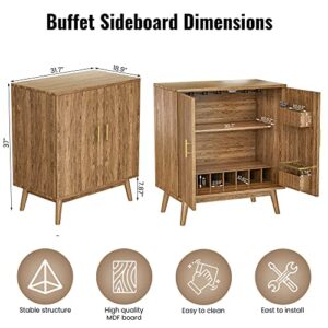 MIERES Buffet Sideboard Bar Cabinet, Industrial Wine Cabinet with Wine Rack and Glasses Holder, Freestanding Storage Cabinet with Double Doors for Kitchen, Dining Room, Living Room (Light Brown)