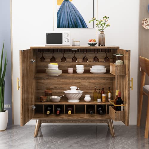 MIERES Buffet Sideboard Bar Cabinet, Industrial Wine Cabinet with Wine Rack and Glasses Holder, Freestanding Storage Cabinet with Double Doors for Kitchen, Dining Room, Living Room (Light Brown)