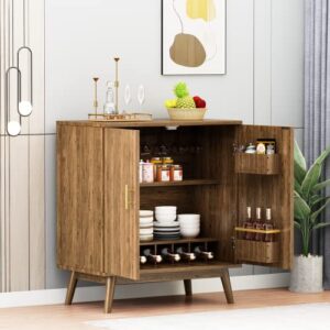 MIERES Buffet Sideboard Bar Cabinet, Industrial Wine Cabinet with Wine Rack and Glasses Holder, Freestanding Storage Cabinet with Double Doors for Kitchen, Dining Room, Living Room (Light Brown)