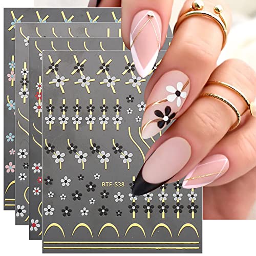 JMEOWIO 9 Sheets Flower Nail Art Stickers Decals Self-Adhesive Pegatinas Uñas Spring Summer Floral Line Nail Supplies Nail Art Design Decoration Accessories