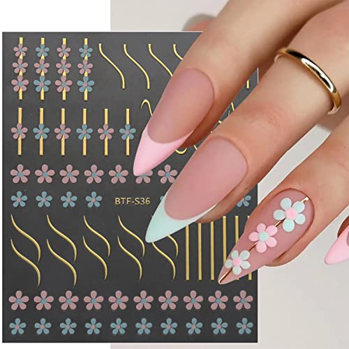 JMEOWIO 9 Sheets Flower Nail Art Stickers Decals Self-Adhesive Pegatinas Uñas Spring Summer Floral Line Nail Supplies Nail Art Design Decoration Accessories